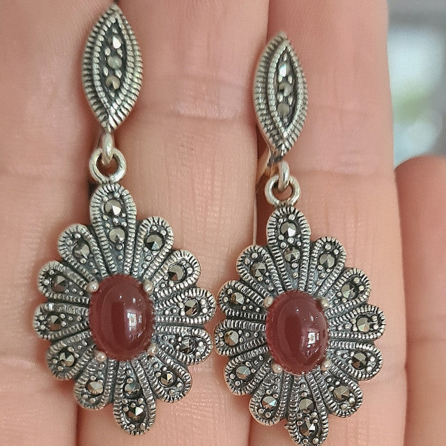 Cercei Argint cu Carnelian si Marcasite – IDIAMONDS